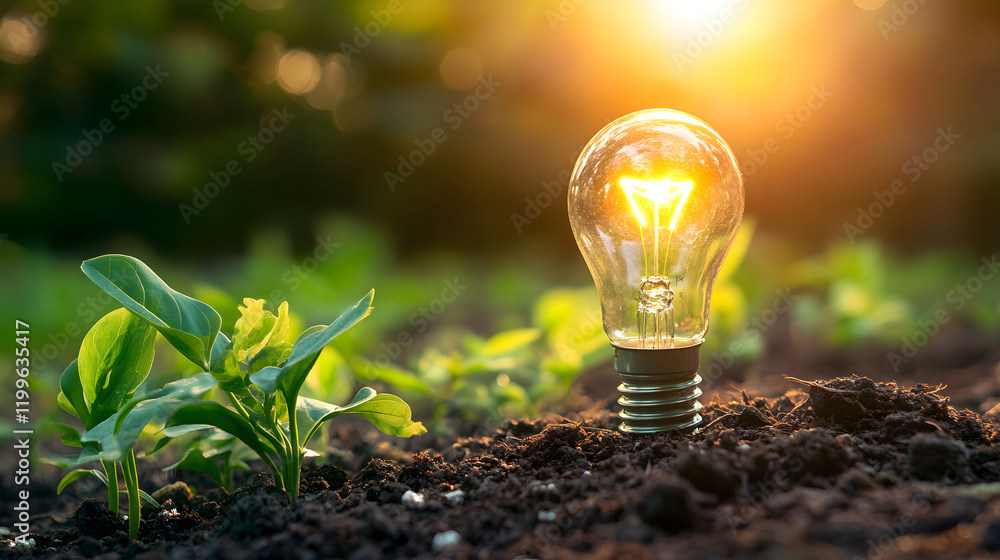 glowing light bulb in soil beside young plant symbolizes concept of ...