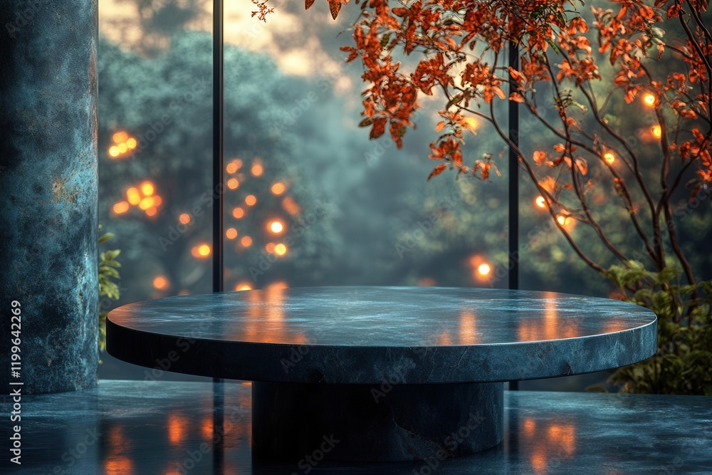 minimalist luxury dining scene polished obsidian round table catching ...