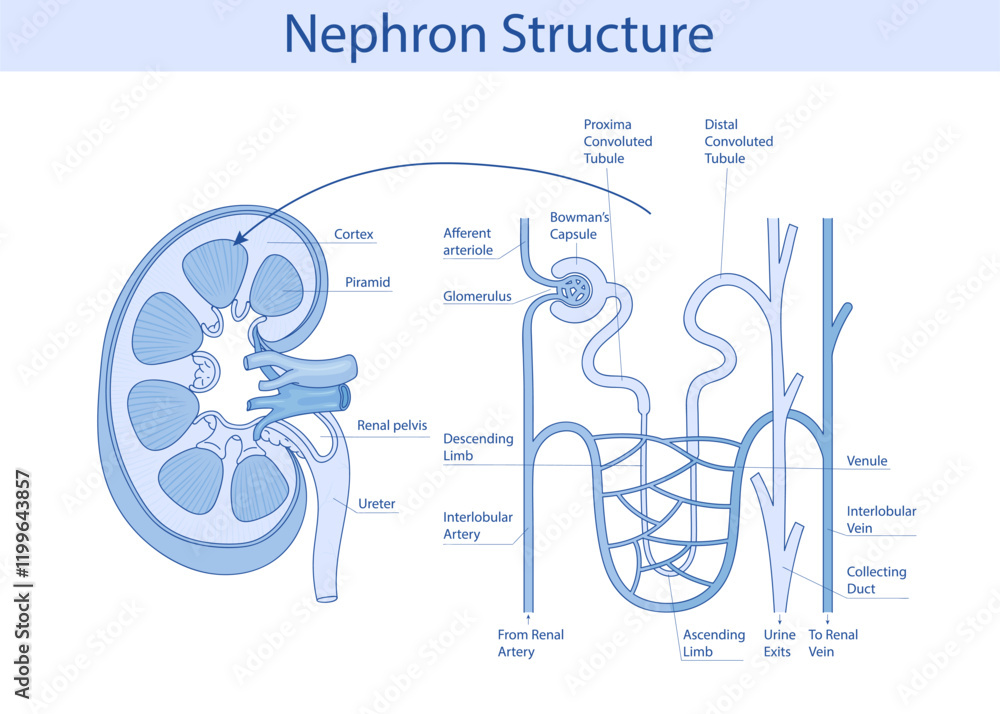 Structure of the nephron of the kidney. Vector medical illustration ...