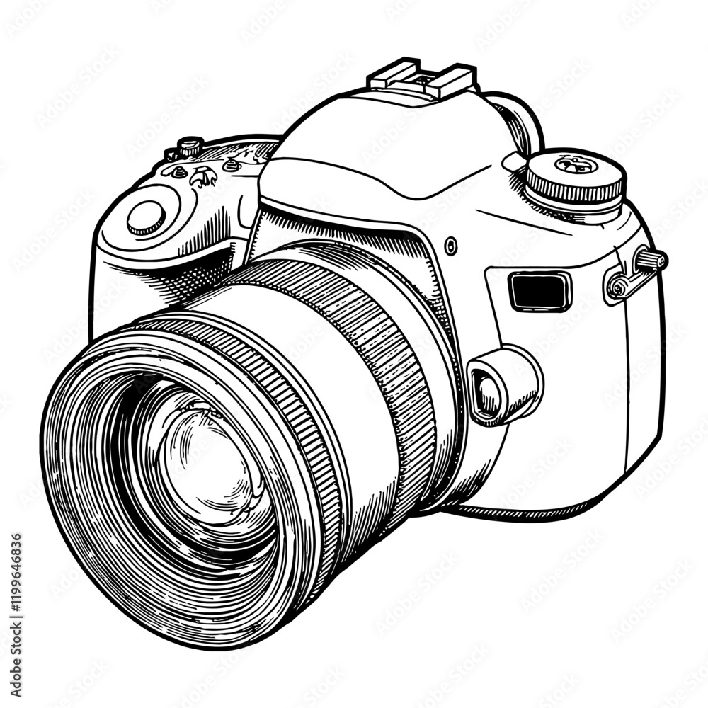 Detailed DSLR Camera Front View Black and White Outline Line Art ...