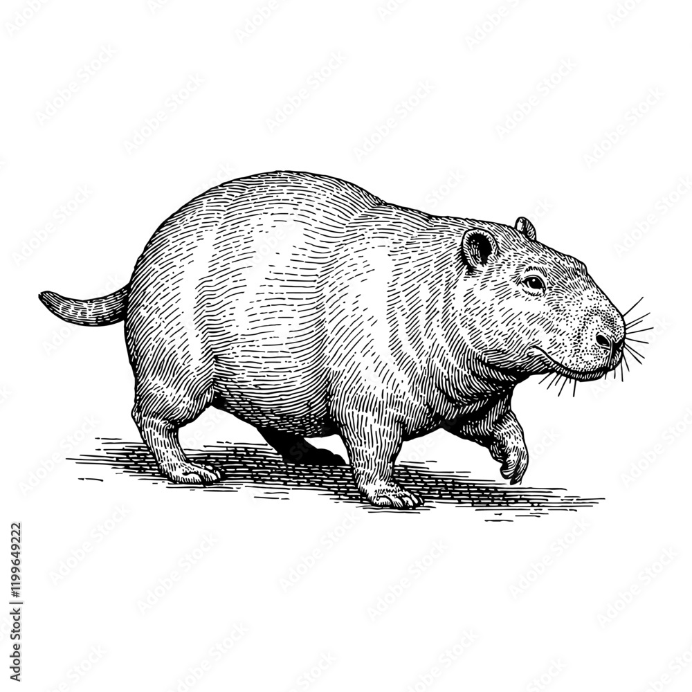 Capybara Walking Side View Detailed Black and White Outline Line Art ...