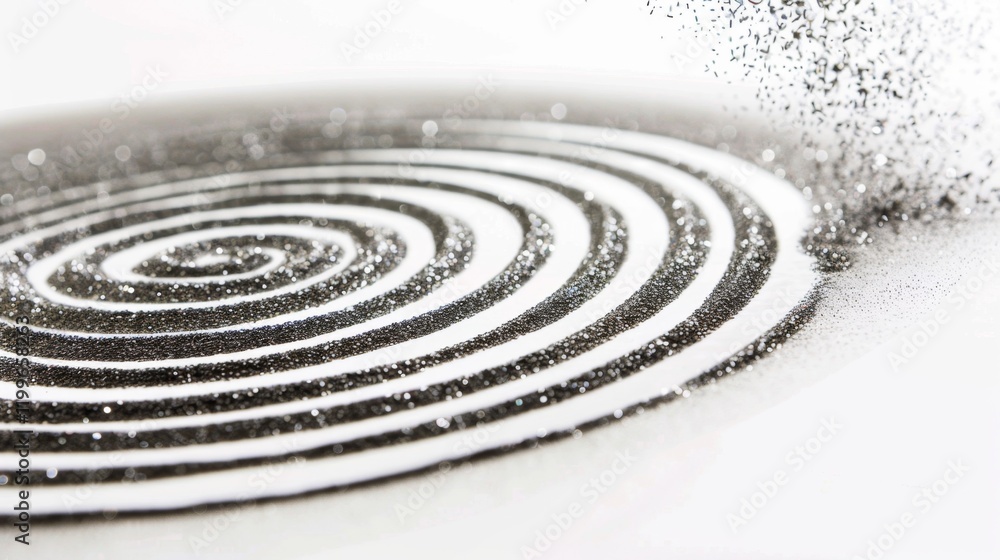Iron filings forming circular patterns around a bar magnet on white ...