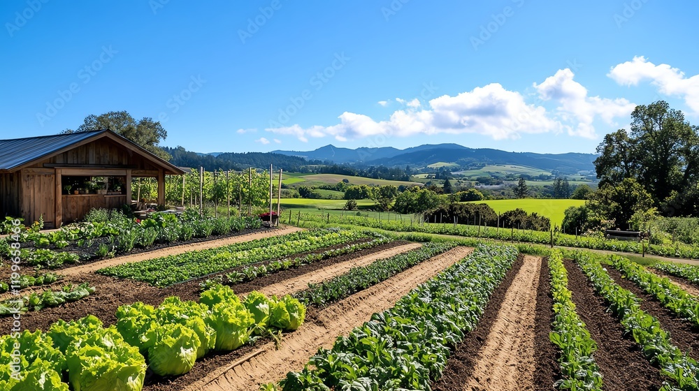 Quaint vegetable garden with neat rows of crops, trellises for climbing ...