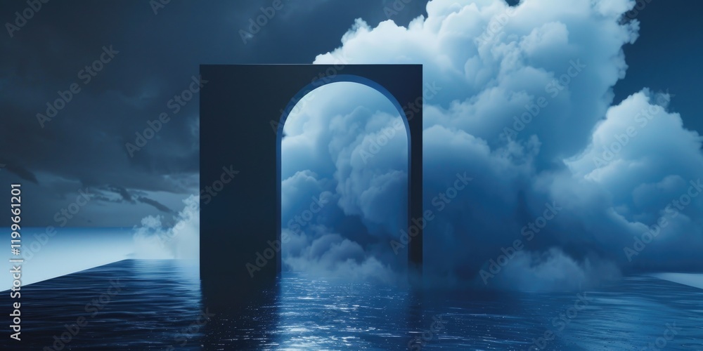 Surreal digital artwork depicting a grand archway with clouds against a ...