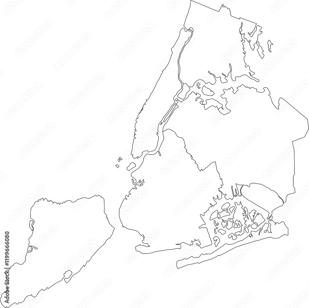 Outline Contour Printable Map of the New York City (All 5 Boroughs ...