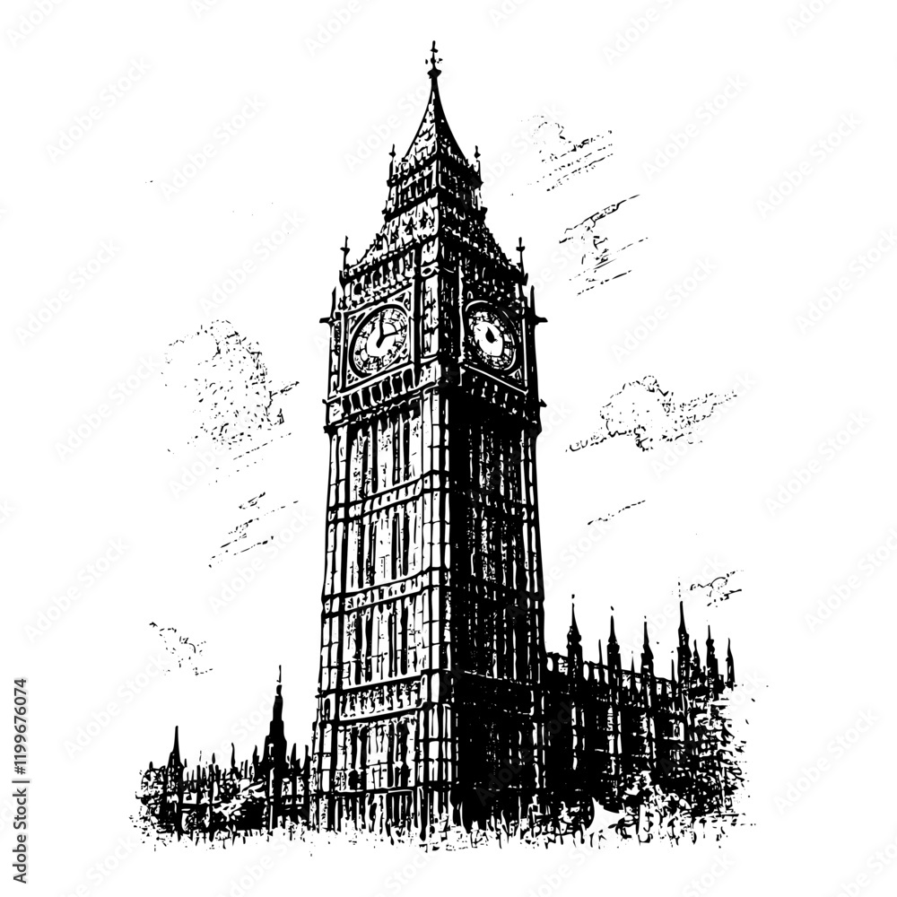 Big ben England sketch engraving black and white outline. Scratch board ...