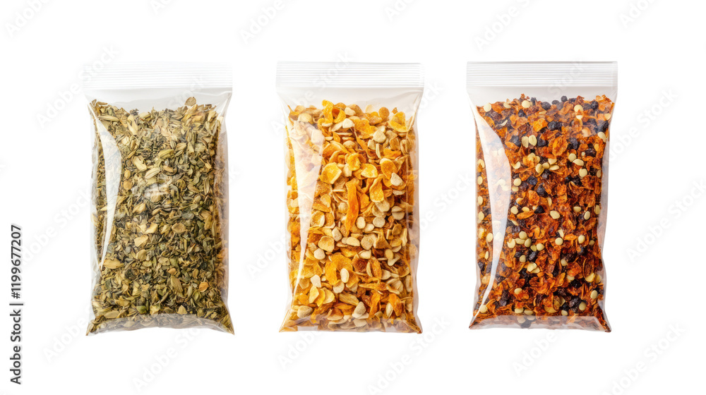 Three transparent packets filled with assorted dried spices, isolated ...