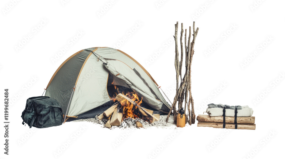 Camping setup featuring a tent, firewood, and a campfire ready for a ...