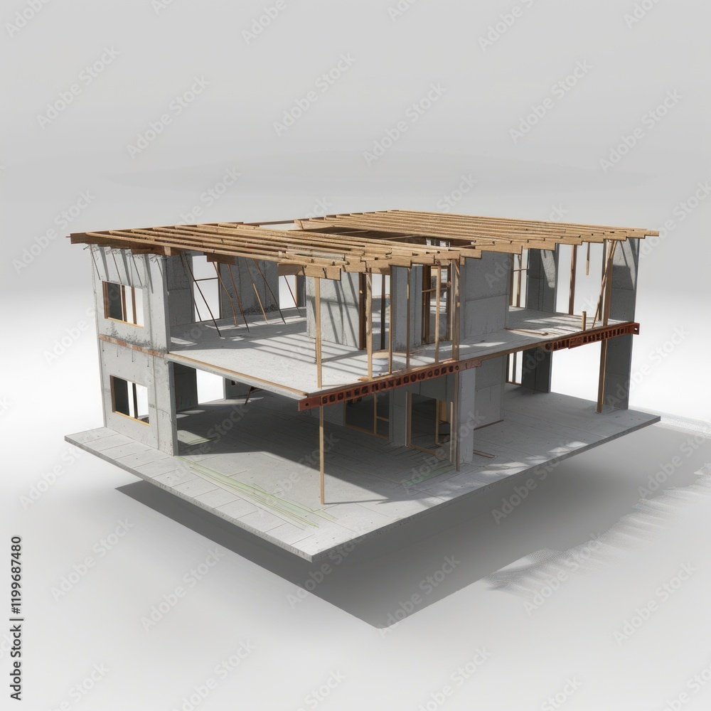 Two-story house, framing, construction, 3D model, design, planning ...
