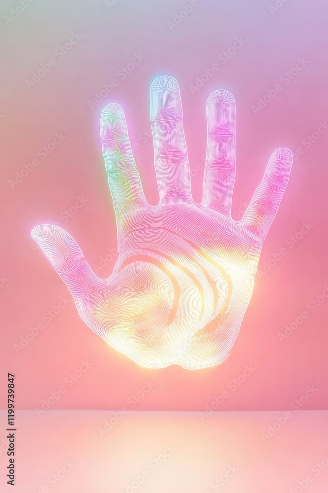 glowing outline of rainbow handprint placed on soft gradient surface ...