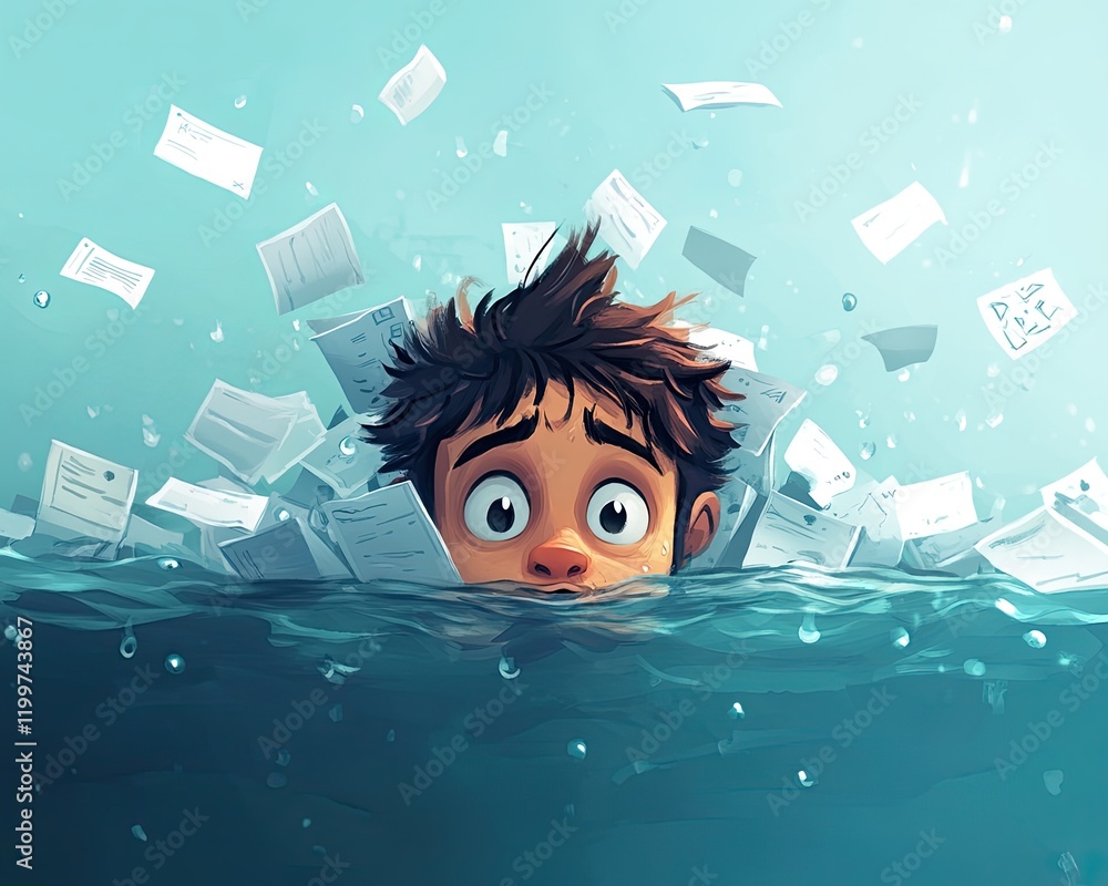 Mental overload concept, Overwhelmed Boy in Water with Floating Papers ...