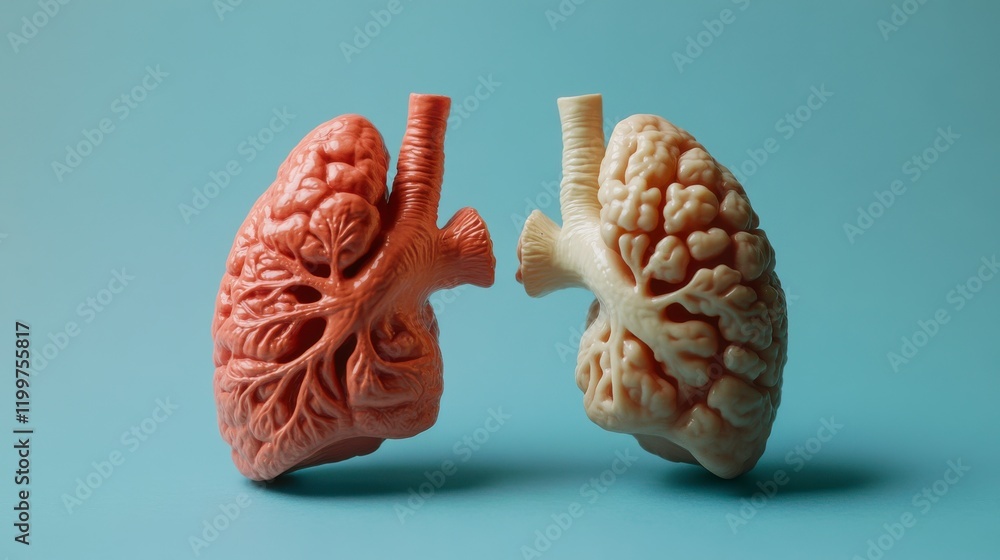 Two small, plastic human lungs on a blue background. The left one is in ...