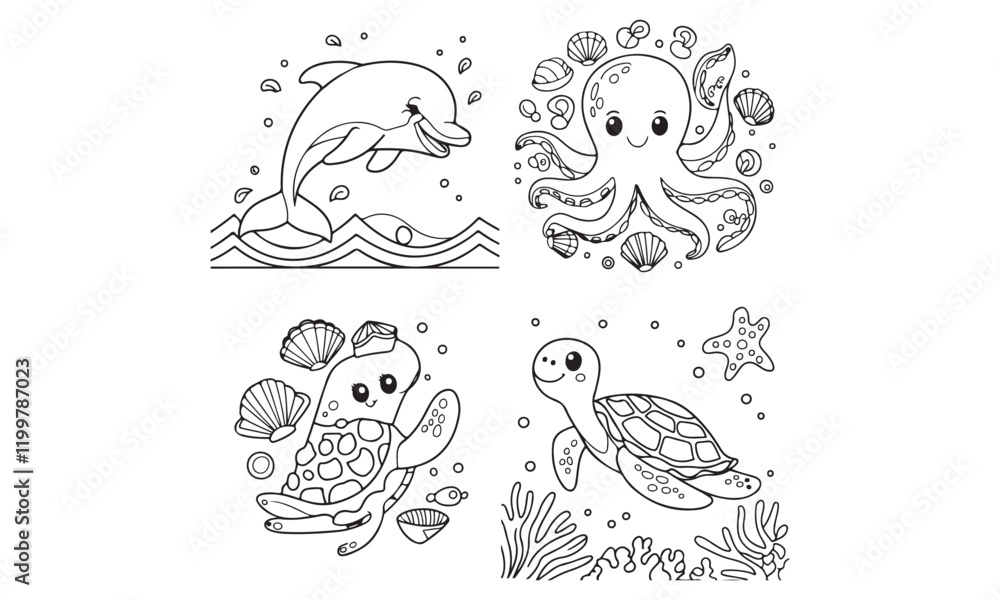 Ocean Animals Coloring Page for Kids Dolphin, Octopus, and Sea Turtles ...