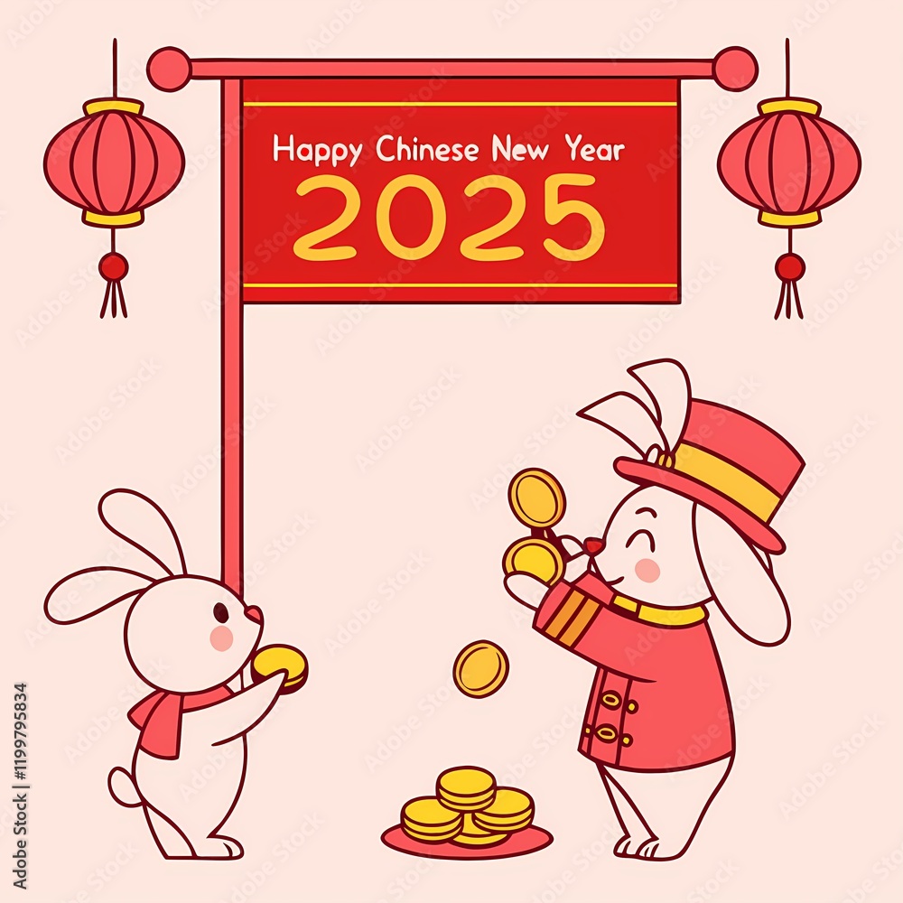 Cute Cartoon Rabbits Celebrating Chinese New Year 2025. Two adorable ...