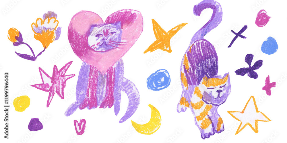 Clip art magical cats drawn with wax crayons on white isolated ...