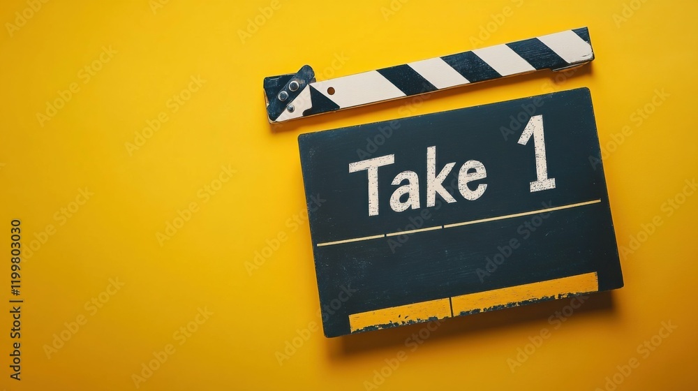 vintage clapperboard with "Take 1" written, set against vibrant yellow ...