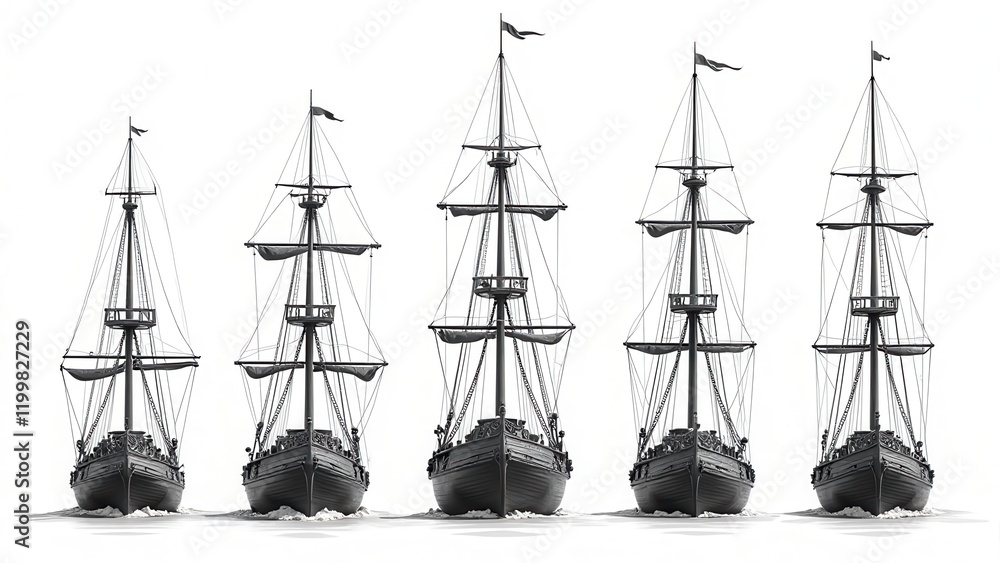 Six intricate black-and-white 3D ships stand in line, their trio of ...