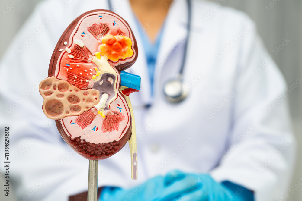 Chronic kidney disease, doctor with model for treatment urinary system ...