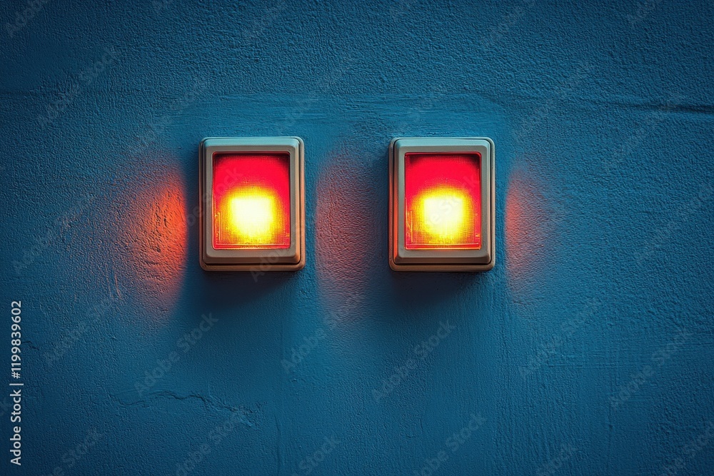 Bright red warning lights illuminate a blue wall in a night setting ...