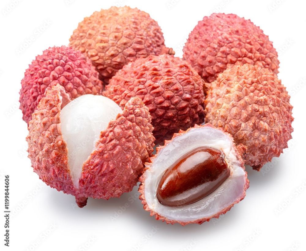 Lychee fruits and lychee peeled in half isolated on white background ...