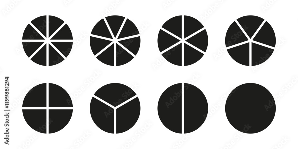 Circle division on 1, 2, 3, 4, 5, 6, 7, 8 equal parts. Set of ...
