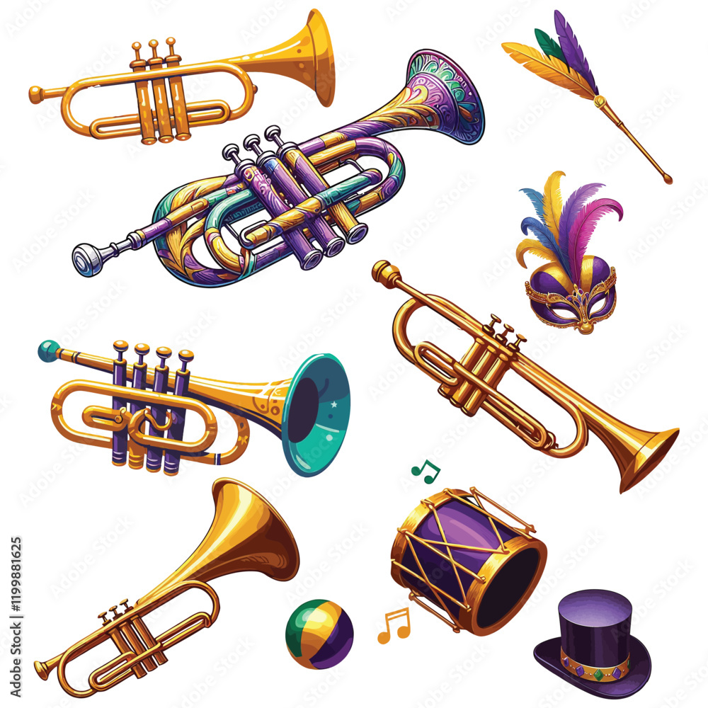 Mardi gras Trumpets or musical instruments illustrations vector ...