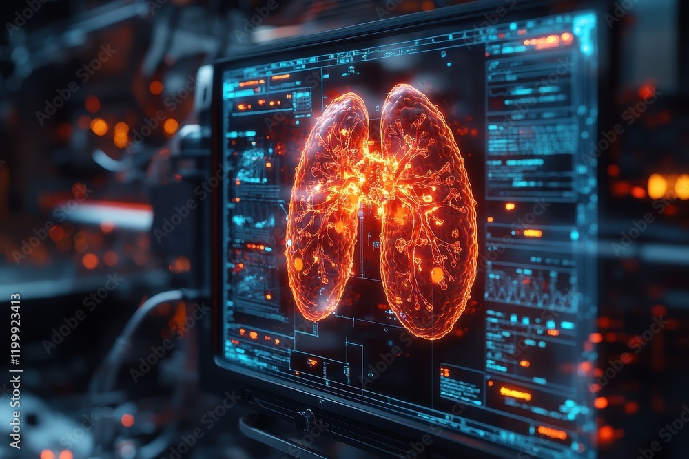 Visual representation of human lungs with glowing details and digital ...