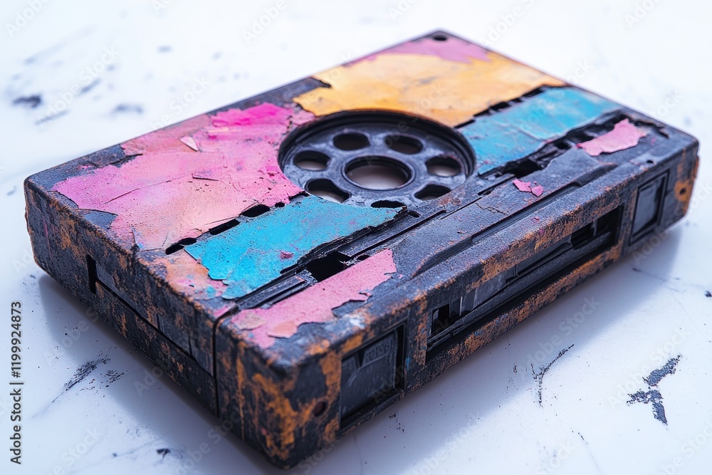 Vintage cassette tape with vibrant colors and texture displayed on a ...
