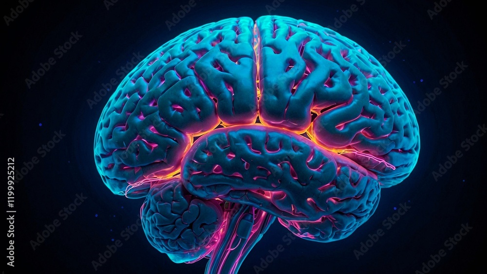 Vibrant digital illustration of a glowing human brain in pink and blue ...