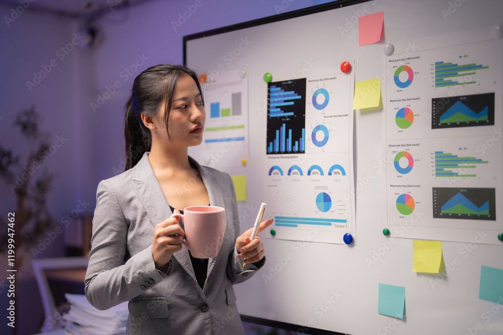 Young professional woman holding a mug and explaining charts and ...