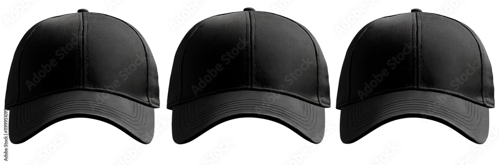 3 black baseball caps, front view isolated on transparent background ...