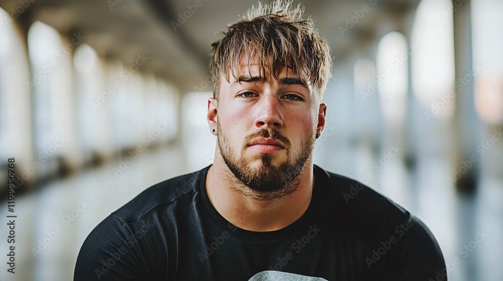 man with a solemn expression, standing alone in an empty room ...