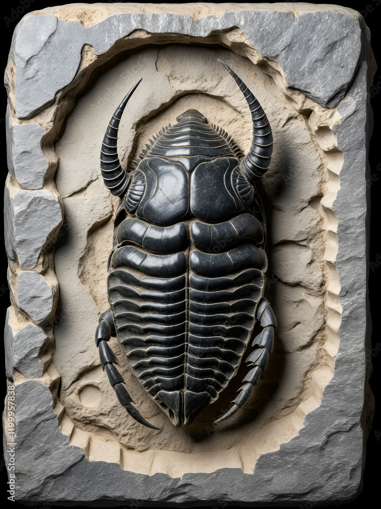 highly detailed trilobite fossil preserved in stone slab on isolated ...