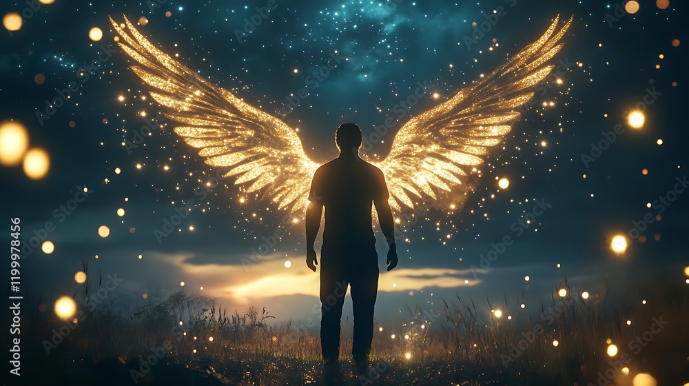 Archangel Gabriel standing in a field of stars with a radiant aura and ...