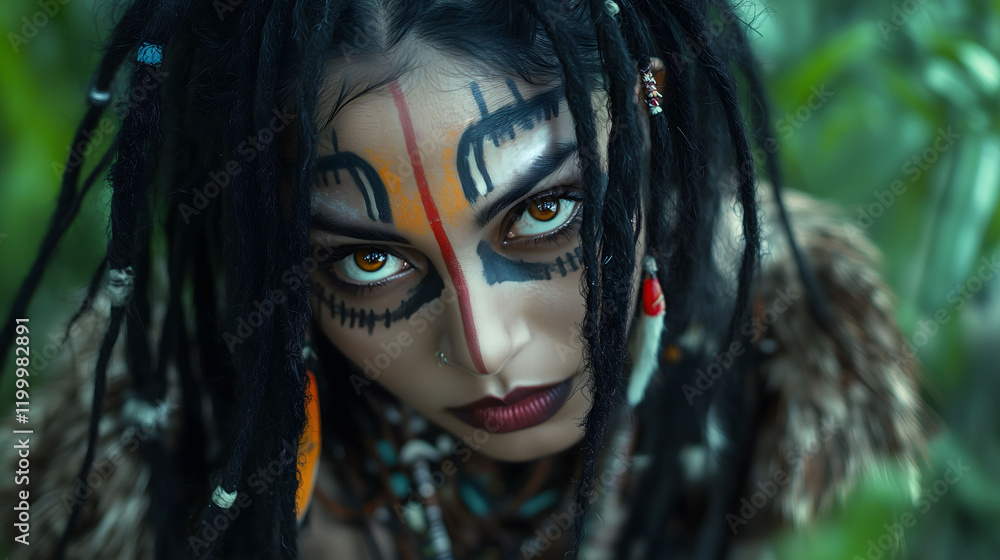 Beautiful Native American woman with black dreadlocks and colorful face ...