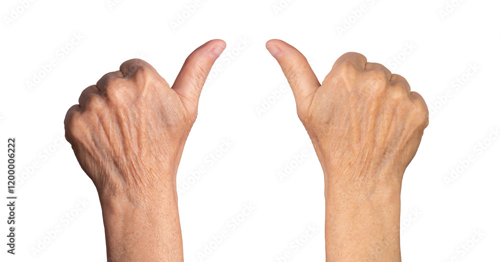 Elderly caucasian female hand showing thumb-up gesture, wrinkled skin ...