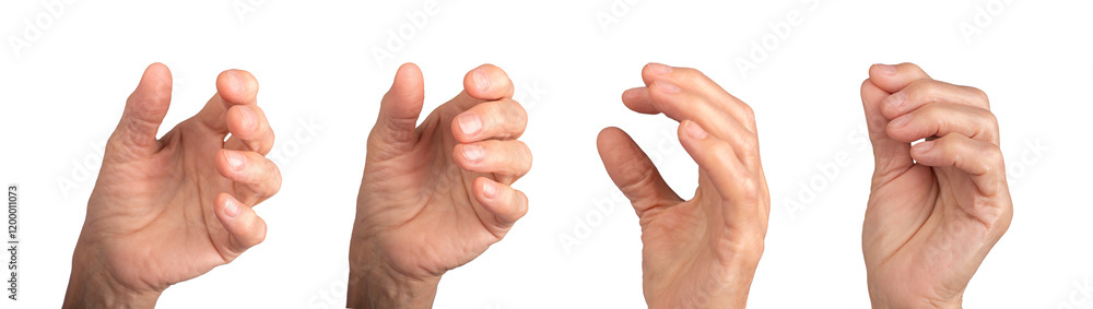 Elderly female hand reaching to grab, curled fingers, wrinkled skin ...