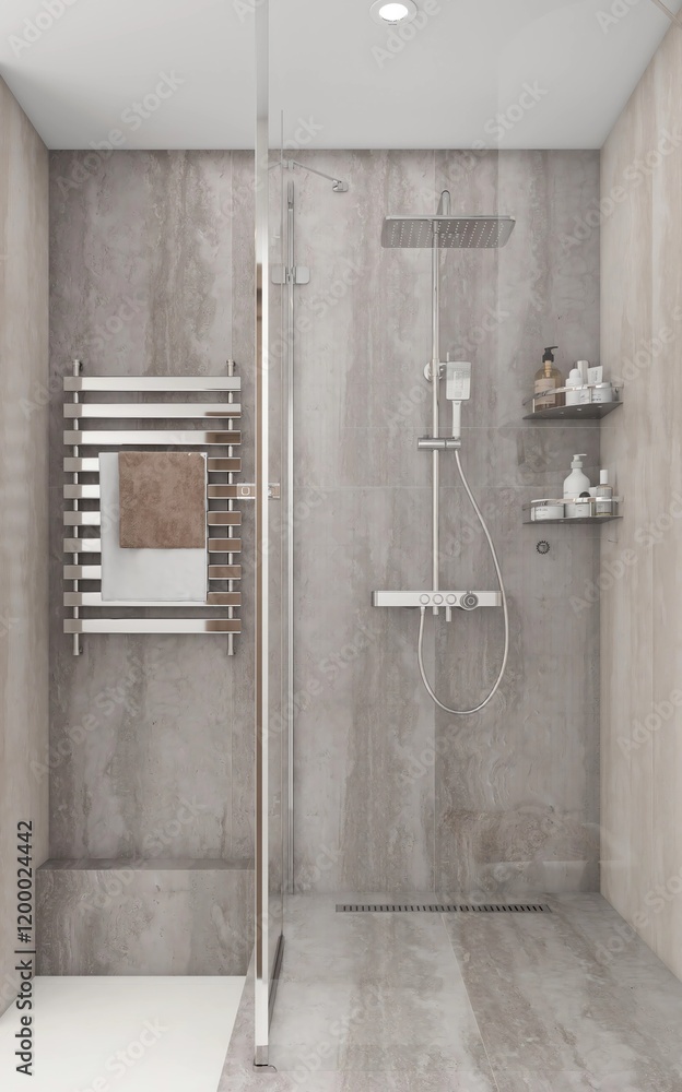 The shower area features a sleek modern design with stone-textured ...