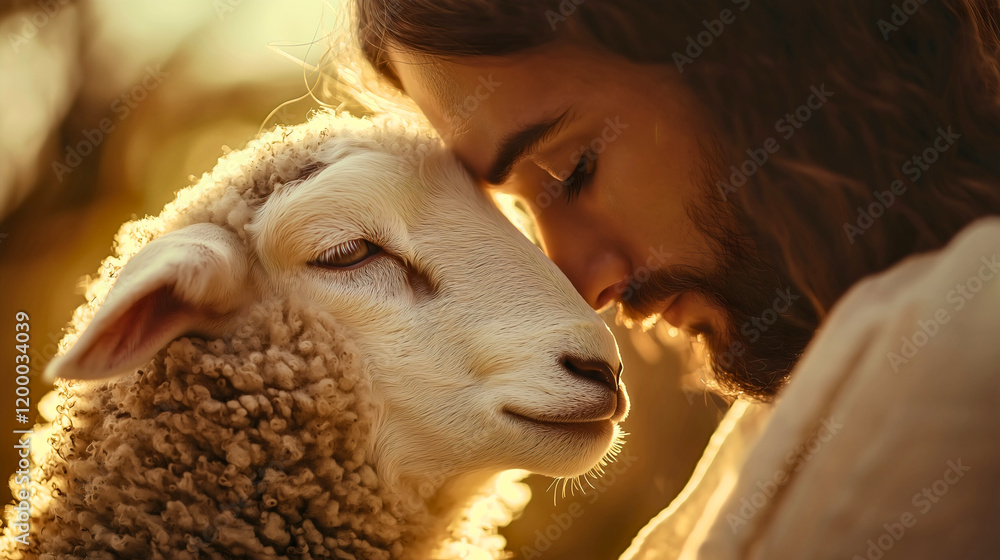 Jesus Christ gently touching Judas, symbolized as a lamb, in a ...