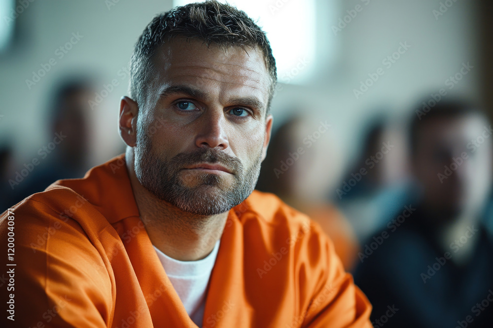 Man in orange prison uniform holding bars, looking through while ...