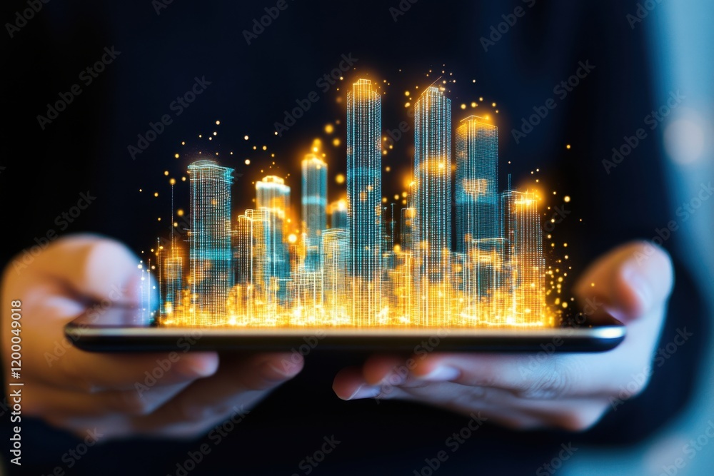 Engineer analyzes a 3D building plan on a construction site using a ...