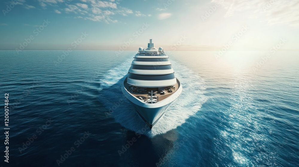 Advanced luxury cruise ship at sea passing through blue ocean waters ...