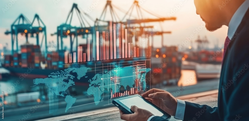 Maritime trade analysis at sunset with digital graphs and projections ...