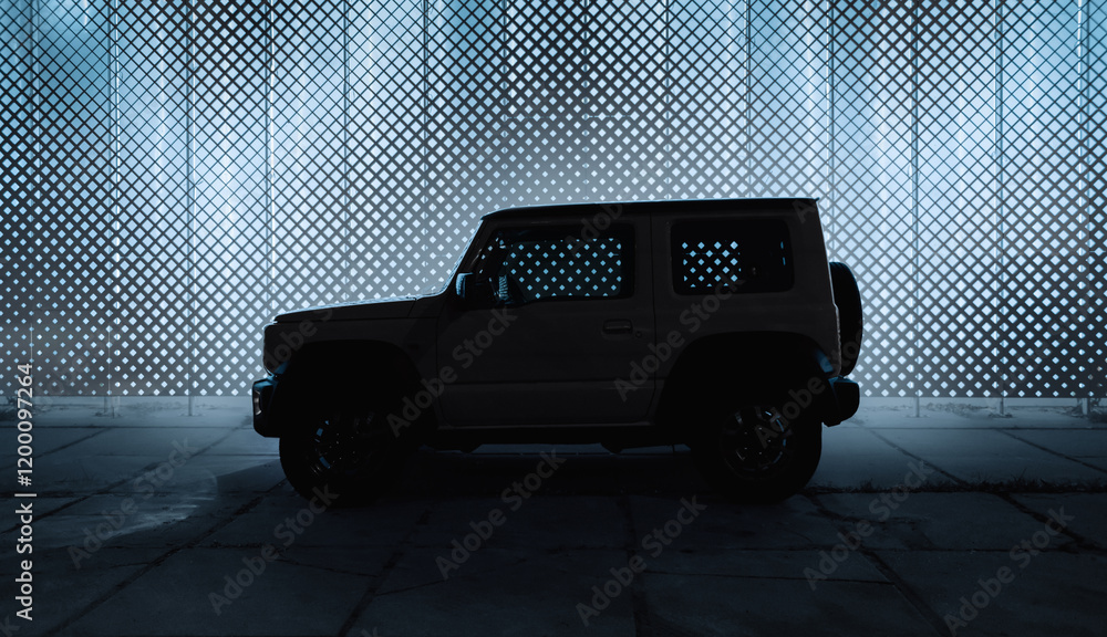 Foto de Stock Black silhouette of 3-door off-roader in a city. Side ...