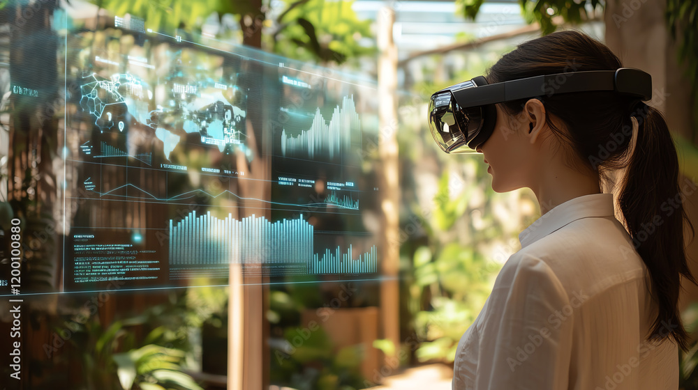 AR interface displaying competitive analysis charts, focus on business ...