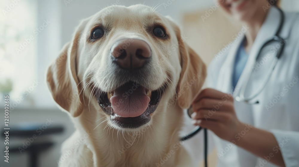 A veterinarian holding a stethoscope to a Labrador’s chest during a ...