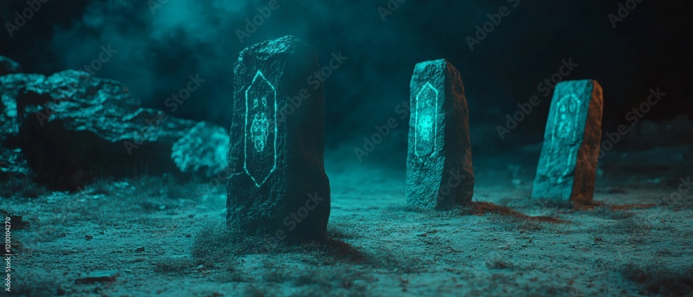 Mystical runes carved in ancient stone embody lost power in a forgotten ...