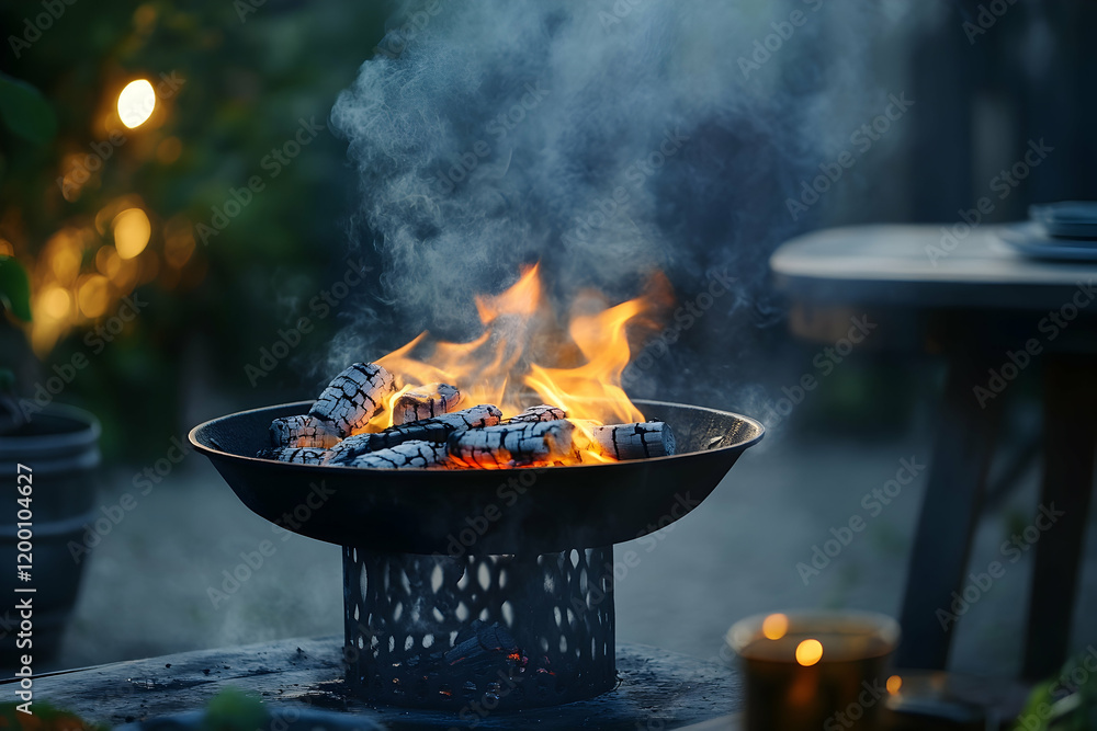 Burning charcoal briquettes with glowing orange flames and rising smoke ...