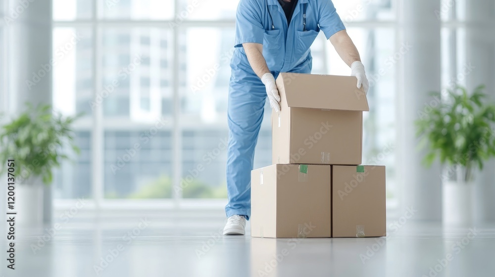 Delivery professional in blue uniform stacking cardboard boxes in a ...