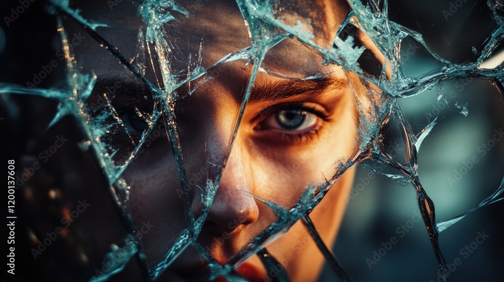 Fragmented reflection of a face seen through shattered glass during ...